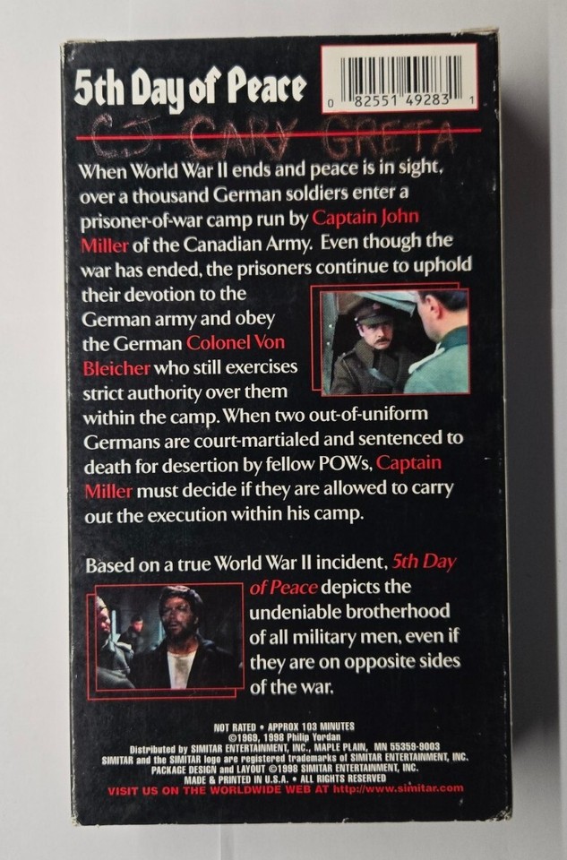 5th Day of Peace (VHS, 1998) Based On True World War II Incident 1969 ...