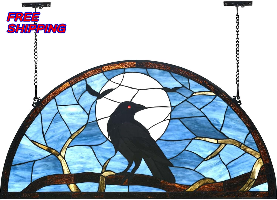 Bieye W10098 Tiffany Style Stained Glass WindowPanel w Raven Sitting on ...