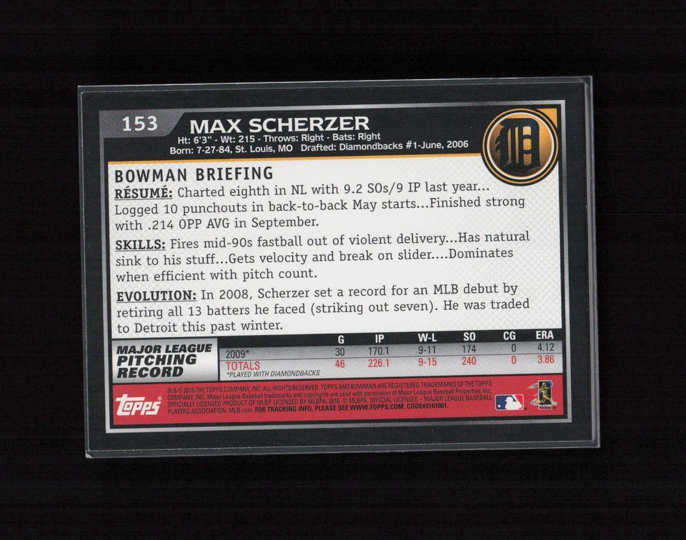 2010 Bowman #153 Max Scherzer | eBay