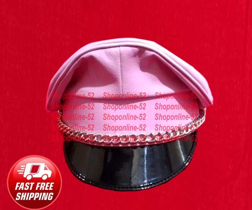 Real Leather Pink Leather Biker Peaked Muir Army Police Gay Chain Cap ...