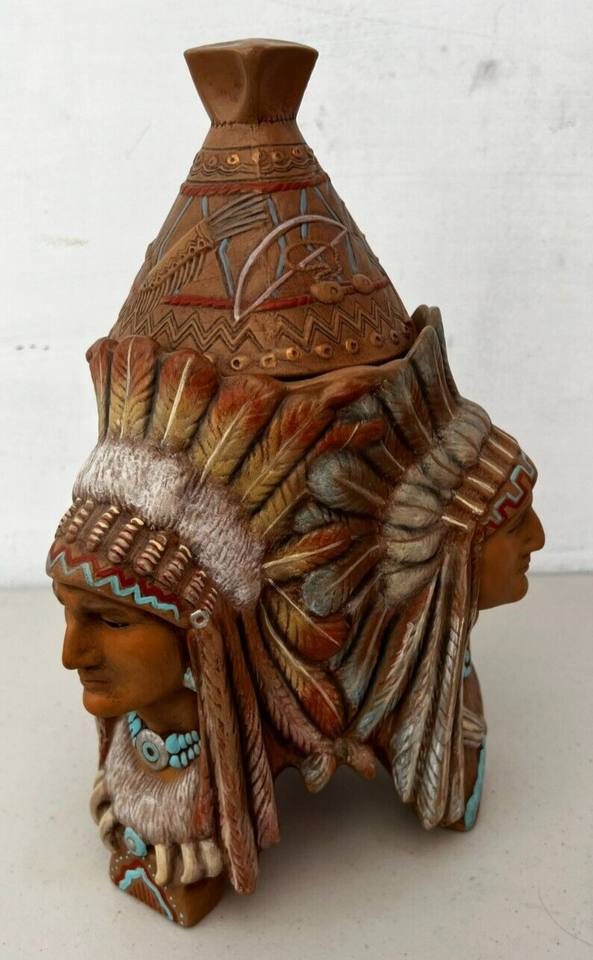 Vintage 1992 Native American 3 Indian Chief Heads Tobacco Jar Teepee ...