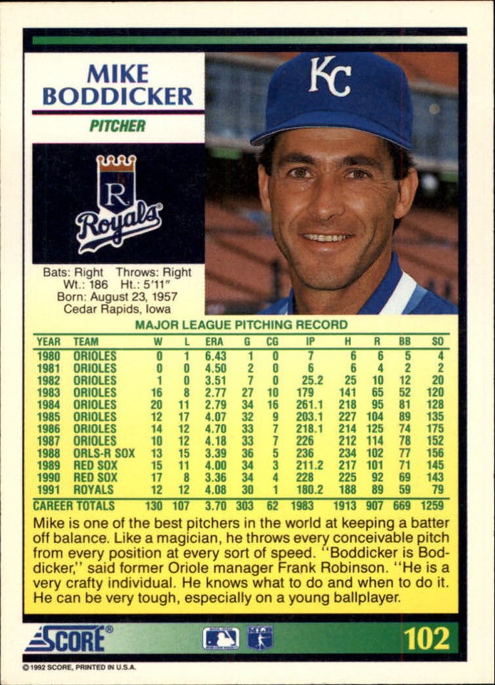 1992 Score #102 Mike Boddicker - NM | eBay