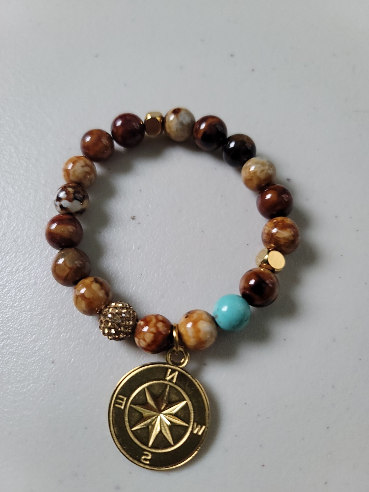 Earthy Brown Agate Bead Compass Bracelet | eBay