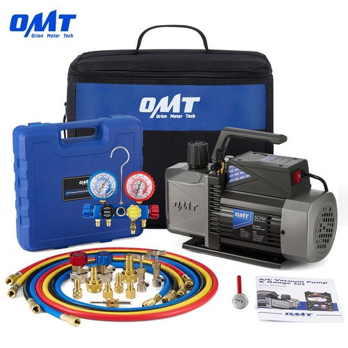 OMT 5cfm Sparkless Vacuum Pump & Manifold Gauge Set HVAC Refrigeration ...