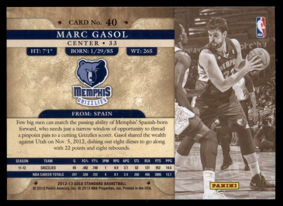 2012-13 Panini Gold Standard Marc Gasol 092/349 Memphis Grizzlies #40 ...