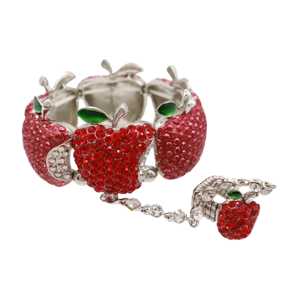 Women Silver Metal Hand Chain Red Apples Bracelet Bling Ring Halloween ...