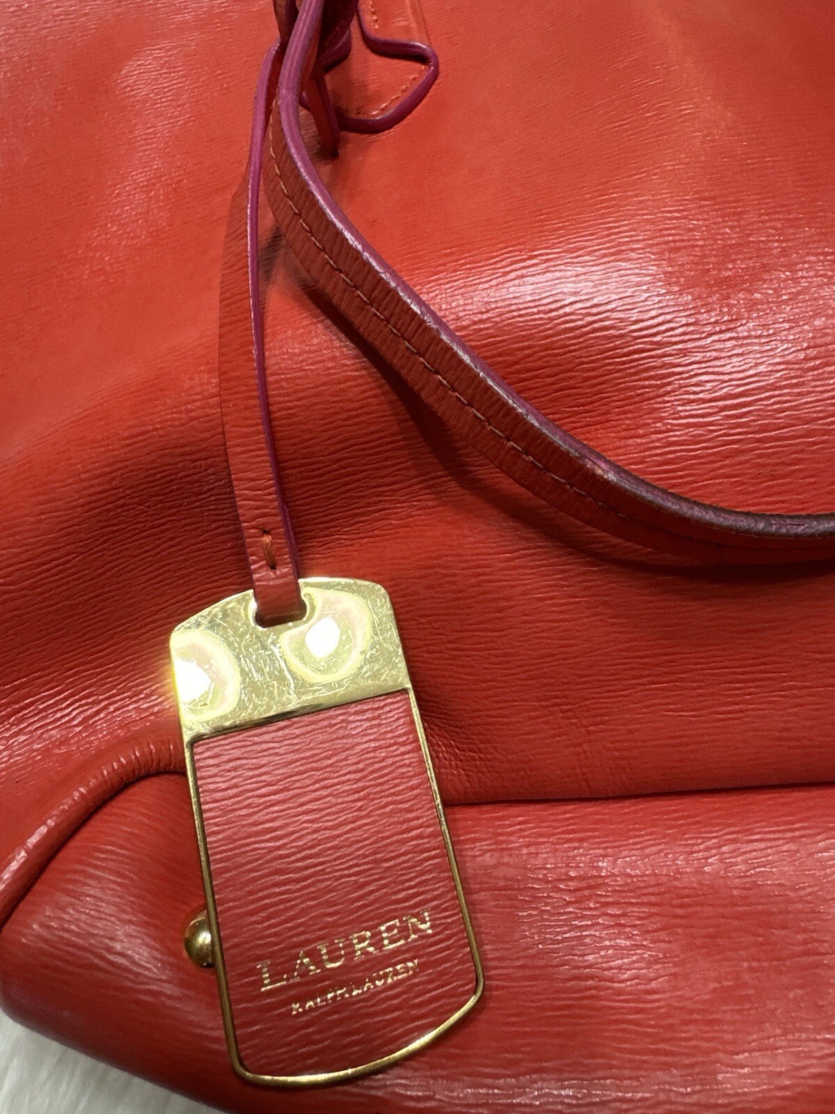 Ralph Lauren Red Textured Leather Double Handle Bag Purse Shopper Bag ...