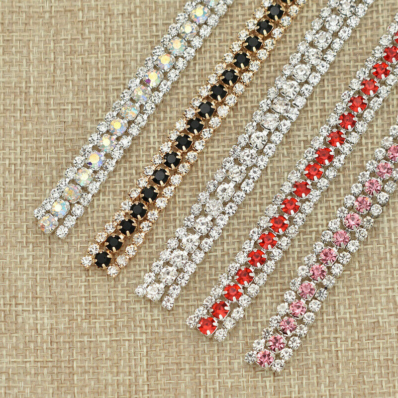 1Yard Rhinestone Ribbon Trim 3 Rows Crystal Chain Belt Rope Clothing ...