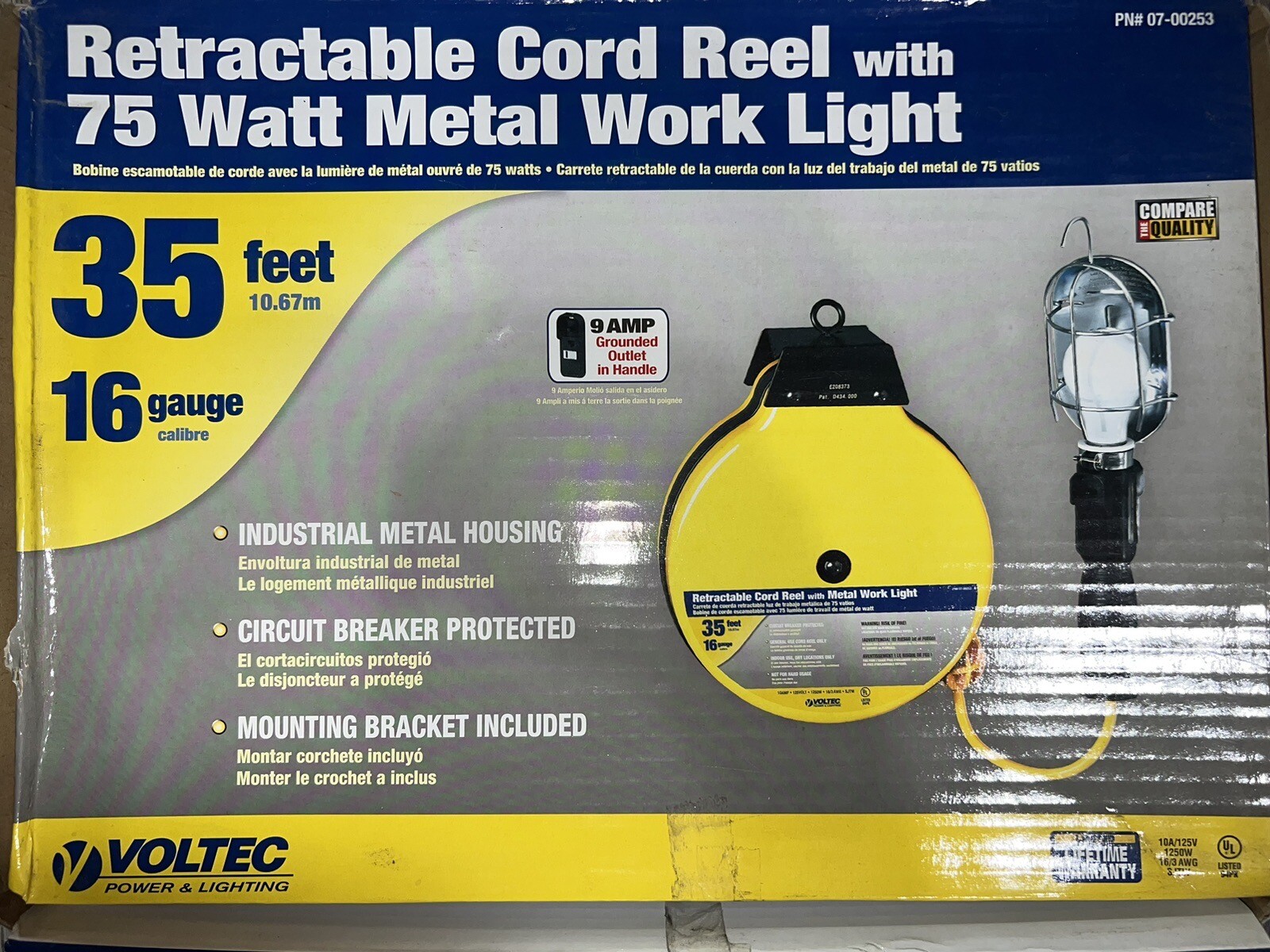 VOLTEC+Industrial+Metal+Retractable+35+Ft+Cord+Reel+Work+Light+75+Watt+ ...