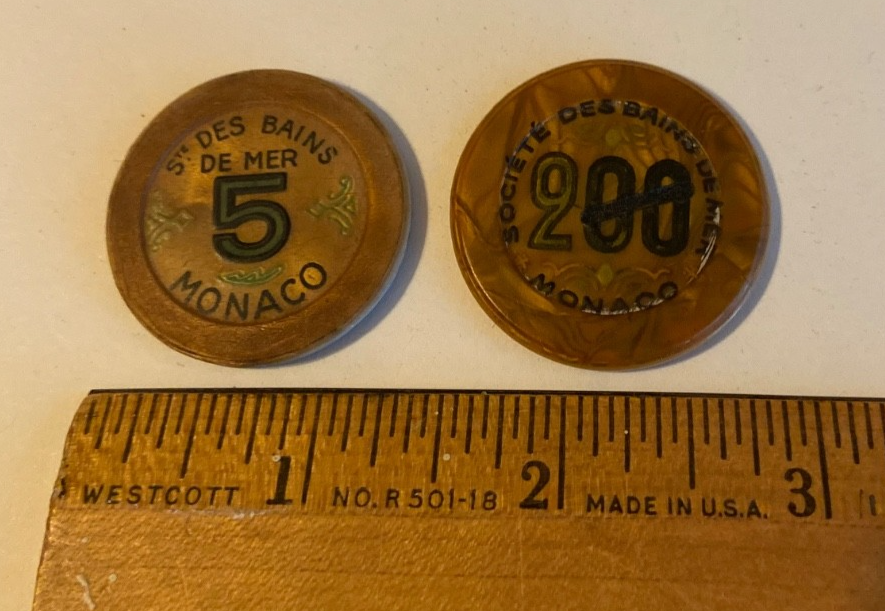 OLD PRINCIPALITY OF MONACO SOCIETE DES BAINS DE MER 2 CASINO CHIPS 5/ ...