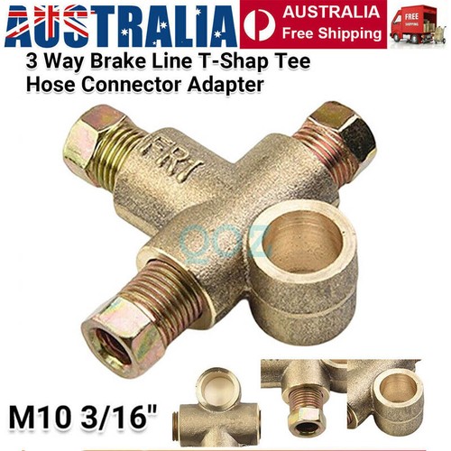 3 Way Brake Line T-Shap Tee Hose Connector Adapter + 3 Male Nuts M10 3/ ...