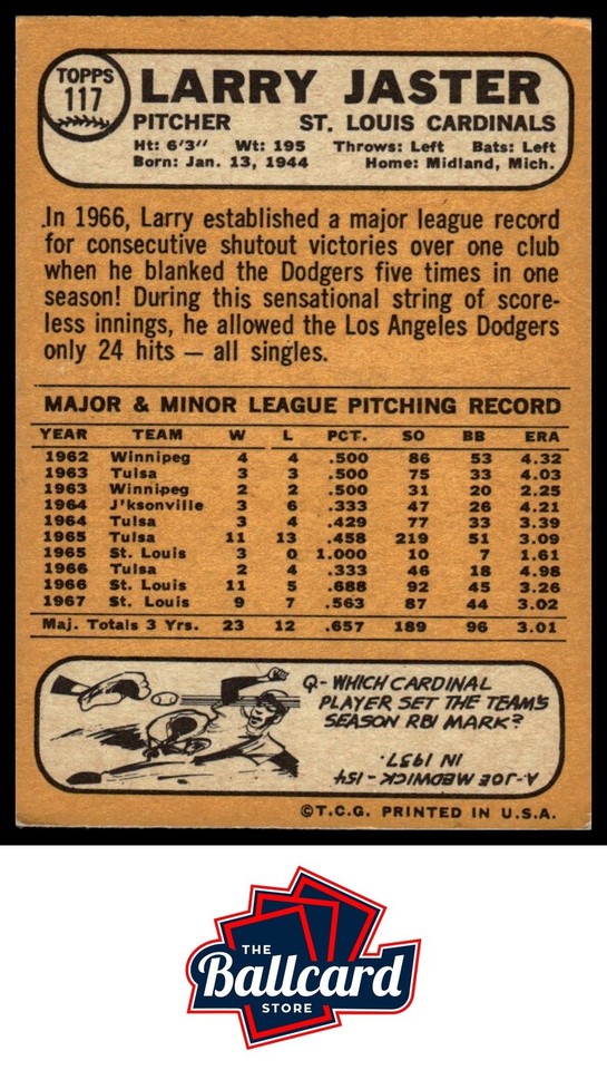 1968 Topps #117 Larry Jaster | eBay