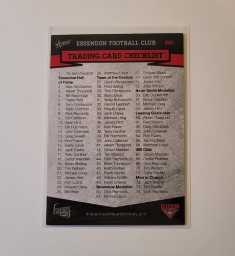 2013 AFL SELECT ESSENDON BOMBERS HALL OF FAME 140 YEARS CARD CHECKLIST ...