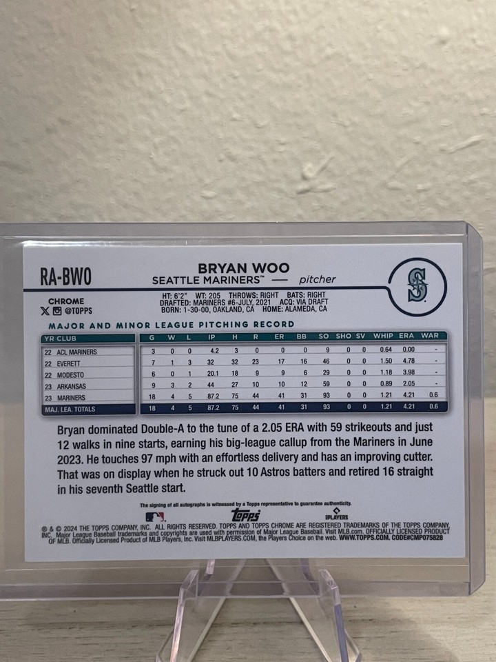 2024 Topps Chrome Bryan Woo Rookie Autograph #RA-BWO Auto Mariners | eBay
