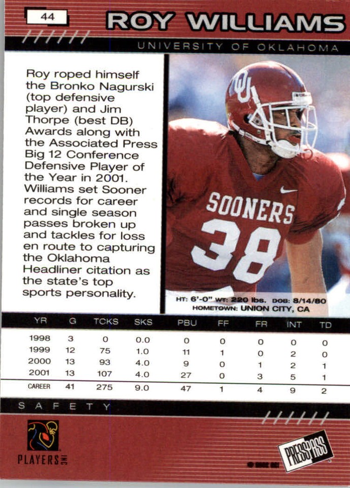 2002 Press Pass Football #44 Roy Williams - Oklahoma Sooners | eBay