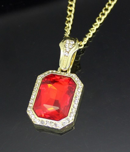 Red Large Rhinestone Pendant 20" Rope Chain Necklace 14k Gold Plated | eBay