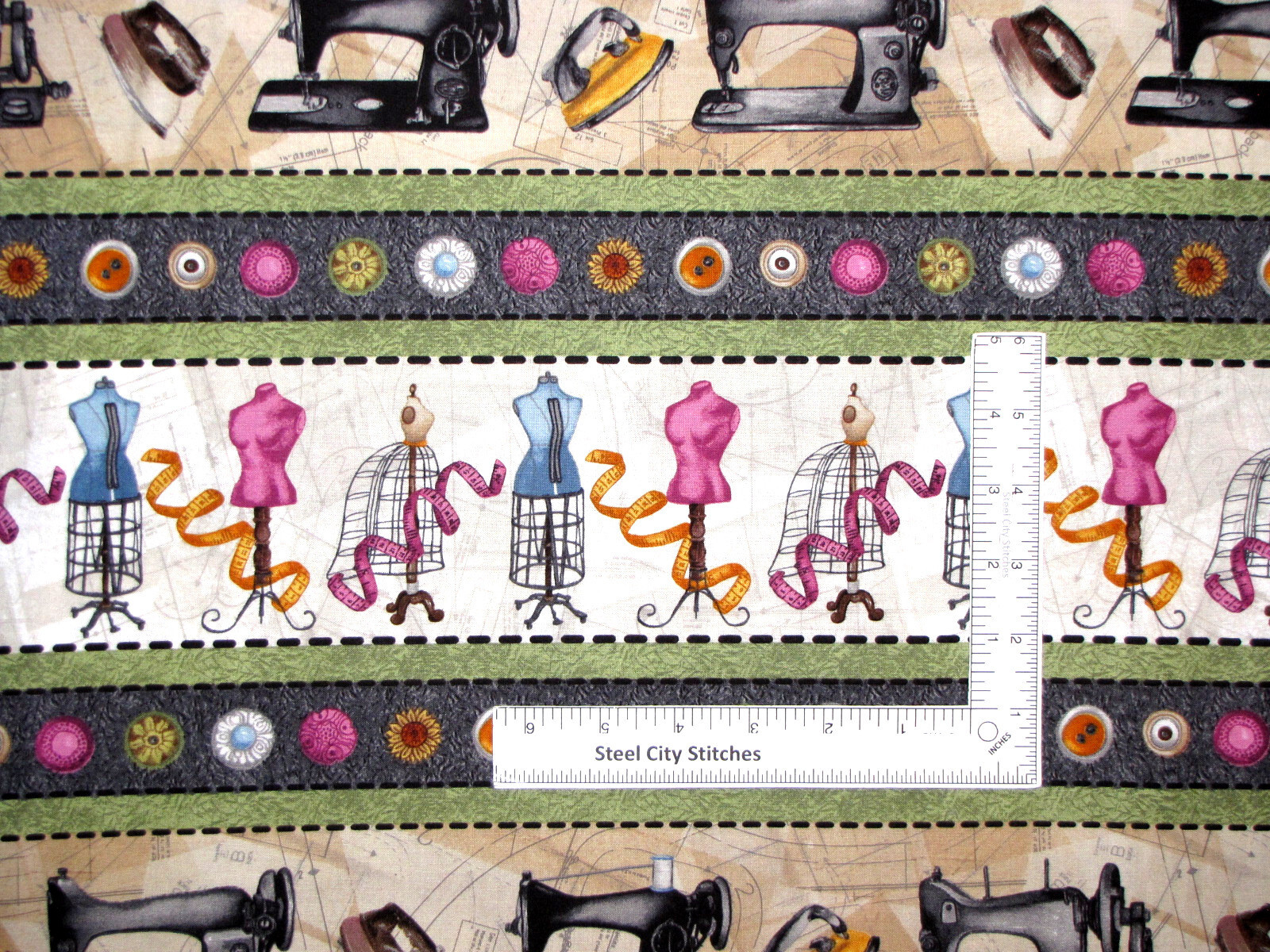 Sewing Theme Fabric Sew Machine Stripe Atelier Blank Quilting Cotton By ...