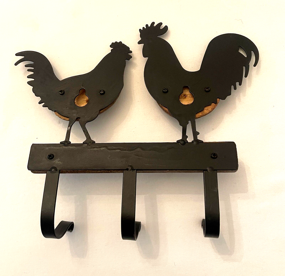 Wood & Iron Chicken Hen Rooster Kitchen Wall Hanger Hook Towel Holder 3 ...