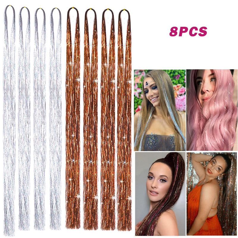 12 Colors 2400 Strands Hair Tinsel Kits Glitter Hair Extensions w/ Tool ...