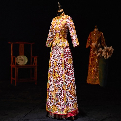 Elegant Tassel Cheongsam Dragon Chinese Style Gold Wedding Dress ...