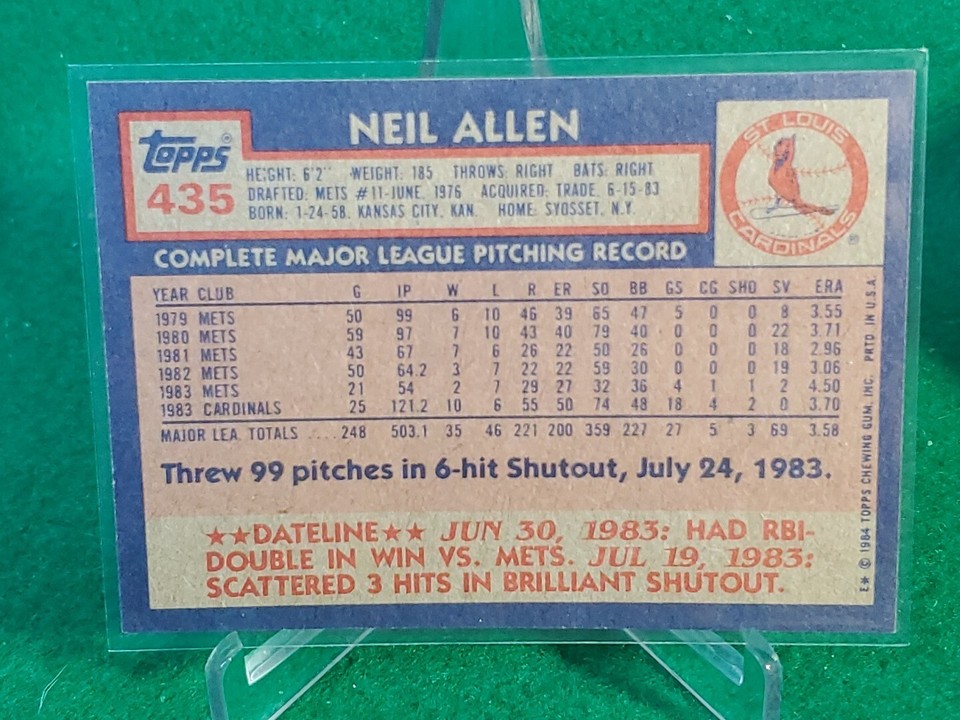 1984 Topps #435 Neil Allen St. Louis Cardinals MLB Vintage Baseball ...