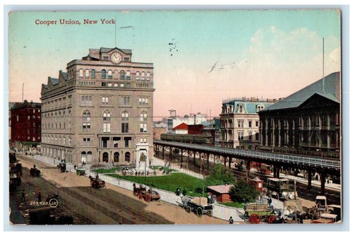 1911 Tower Clock Horse Carriage Railway Train Cooper Union New York NY ...
