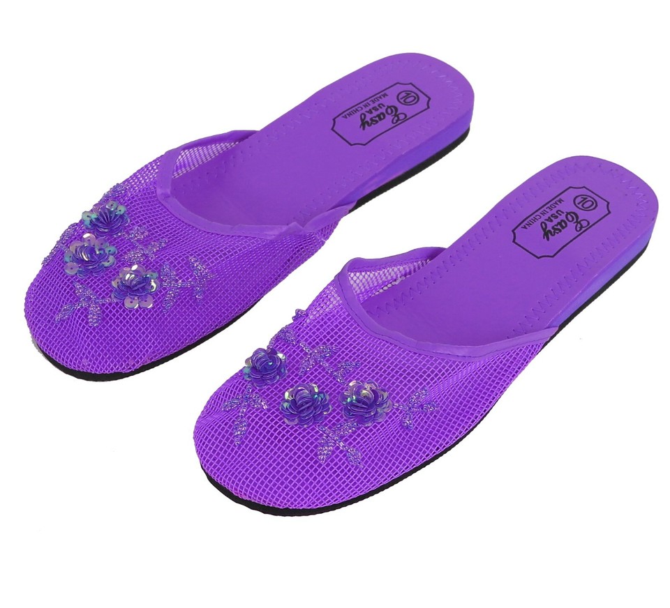 Women's Floral Beaded Sequin Rose Mesh Flats Slippers Shoes Pastel Size ...