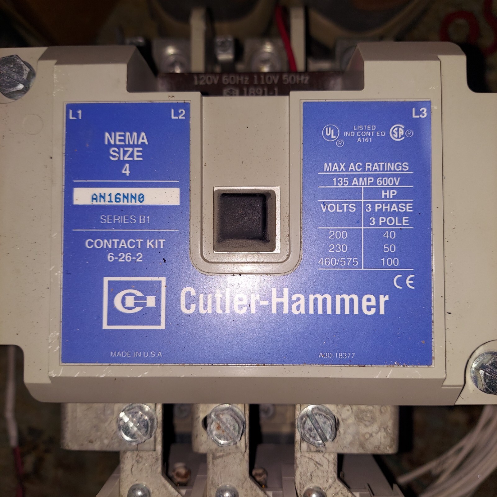 EATON CUTLER-HAMMER MOTOR STARTER AN16NN0 SER A1 SIZE 4 135A 3PH 3P 200 ...