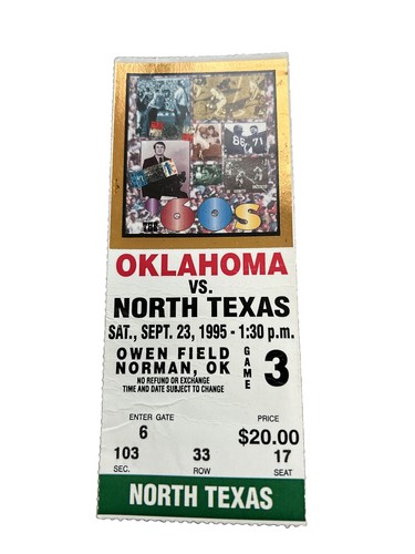 1995 Oklahoma Sooners North Texas Football Ticket Stub OU Norman Sept ...