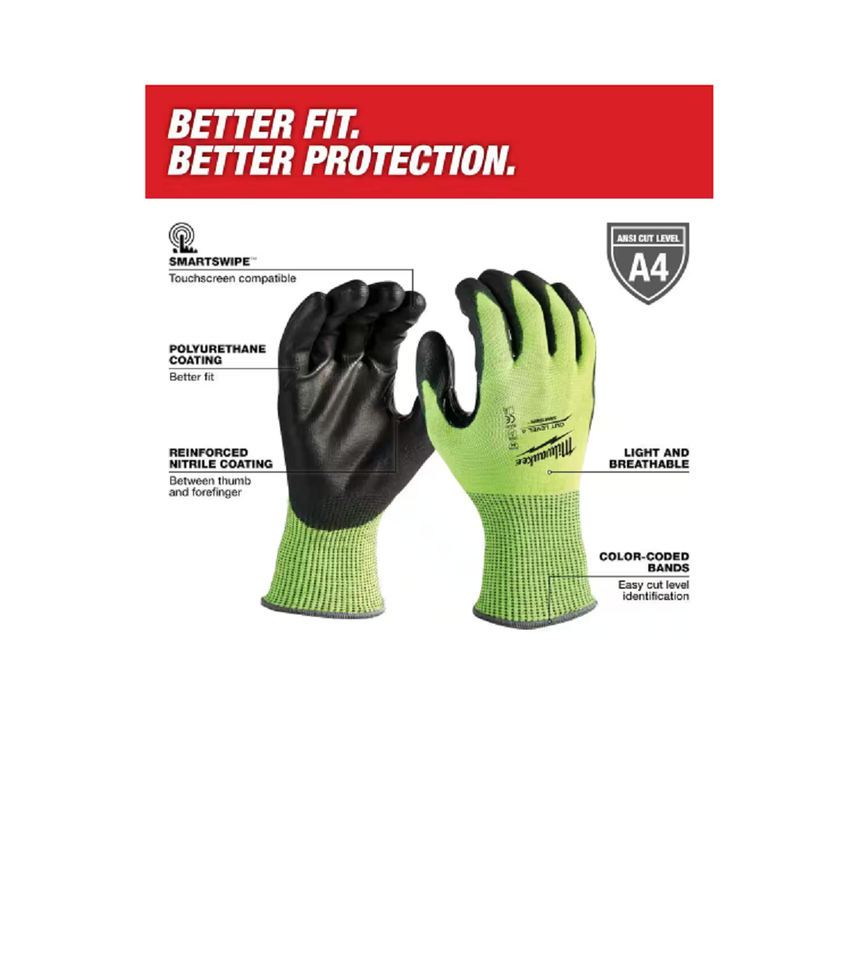 Milwaukee 48-73-8942 High Visibility Cut Level 4 Polyurethane Dipped ...