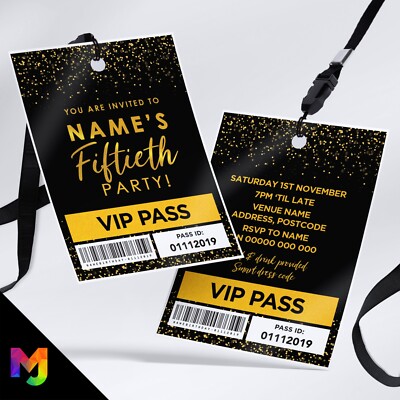 Personalised 50Th Birthday Vip Passes Lanyard | Black Gold Glitter ...