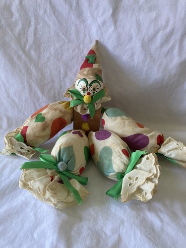 vtg Wood Block Clown Doll shelf sitter jester red handmade folk art ...