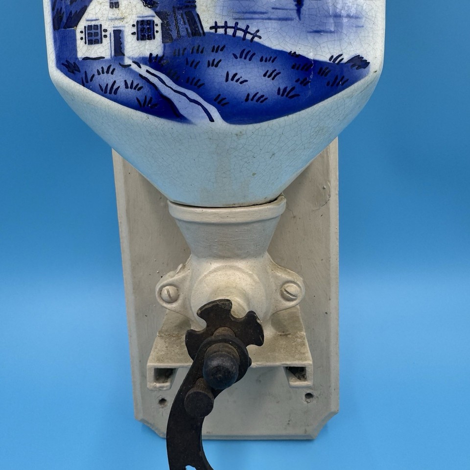 Vintage Dutch BLUE DELFT Wall Mount Porcelain Coffee MiLL Hand GRINDER ...