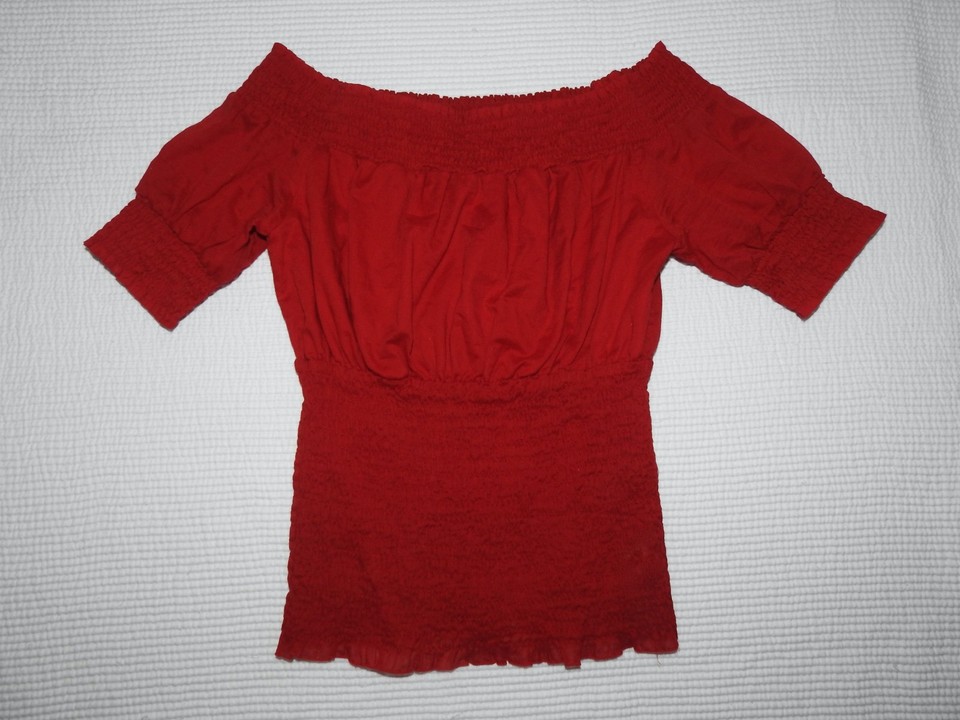 Guess Off Shoulder Top Womens Solid Red Smocked Boho S/S Top Shirt ...