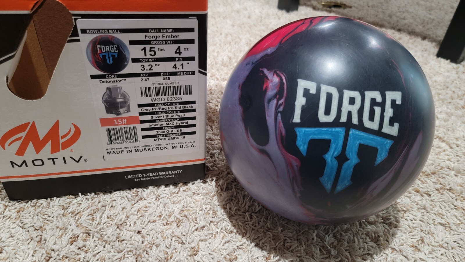 Motiv Forge Ember 1st Quality Bowling Ball | 15 Pounds | 4.1" Pin | 3 ...