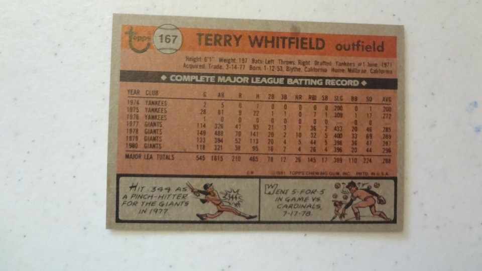 1981 TOPPS #167 TERRY WHITFIELD BASEBALL CARD | eBay