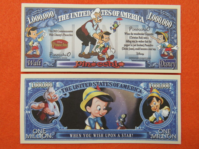 4 Bills: PINOCCHIO ~ Disney Cartoon Puppet Boy ~ $1,000,000 One Million ...