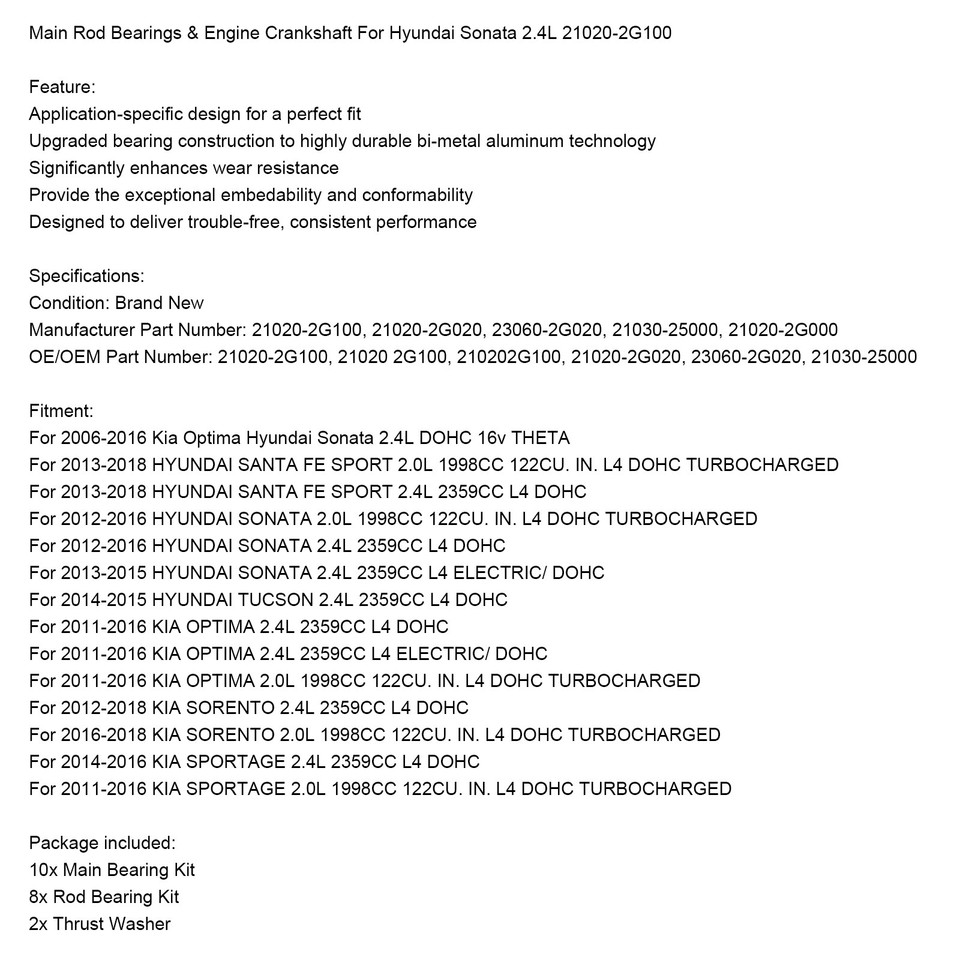 Main Rod Bearings & Engine Crankshaft Fit Hyundai Sonata 2.4L 21020 ...