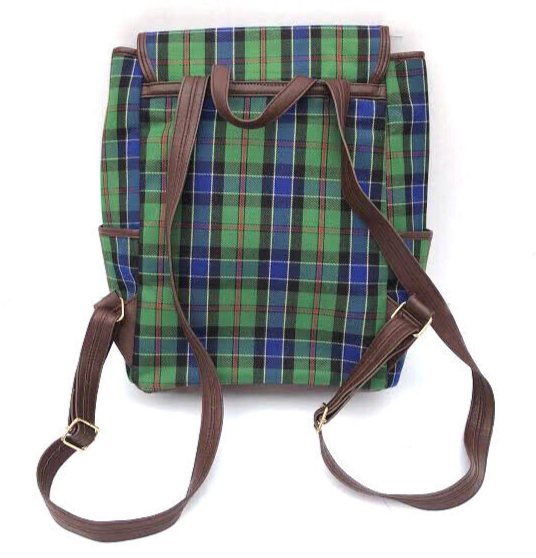 Green wool plaid tartan + brown leather gold metal Preppy backpack bag ...