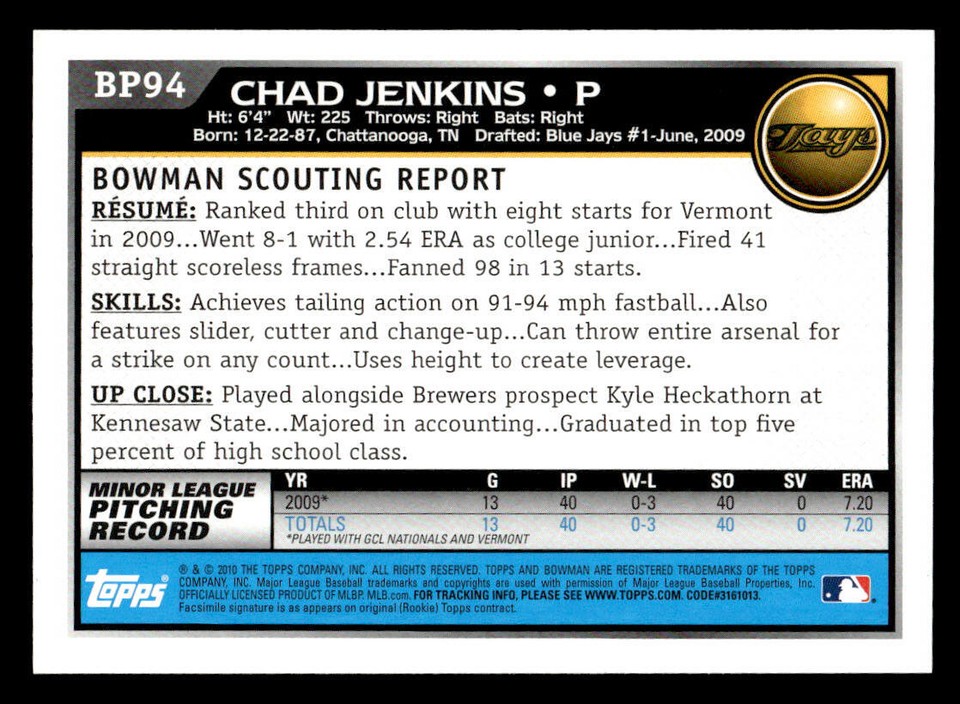 Chad Jenkins signed auto 2010 Bowman #BP94 Toronto Blue Jays | eBay