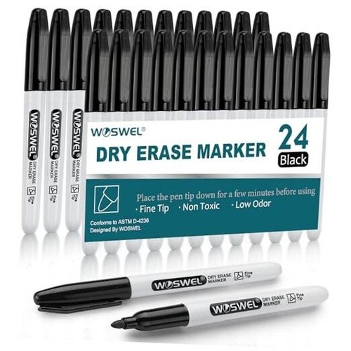 Dry Erase Markers,24 Pack Black Fine Tip Whiteboard Markers, Round ...