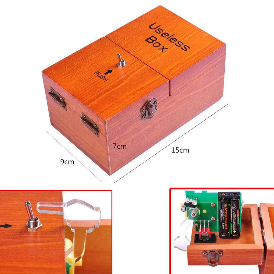 Turns Itself Off Wooden Useless Box Leave Me Alone Machine Funny Gadget ...