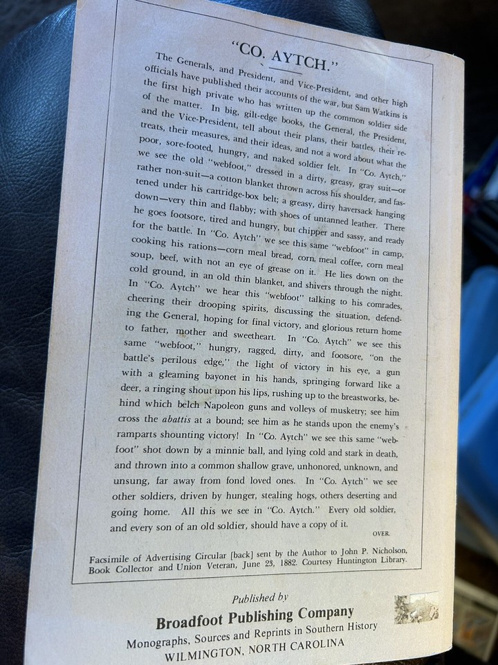 “Co. Aytch”- A Side Show of the Big Show by Sam R. Watkins PB 1990 | eBay