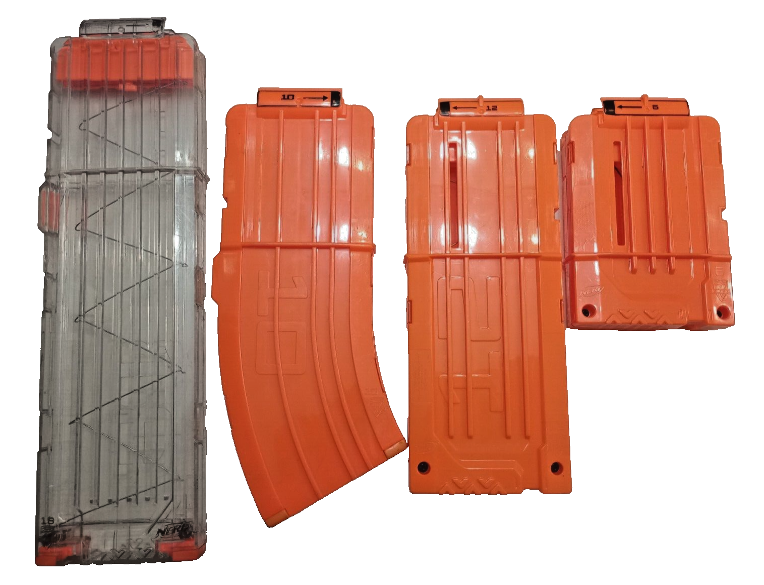 Lot of 4 Nerf Ammo Magazines 1-18x Clear, 1-10x Banana, 1-12x & 1-6x ...