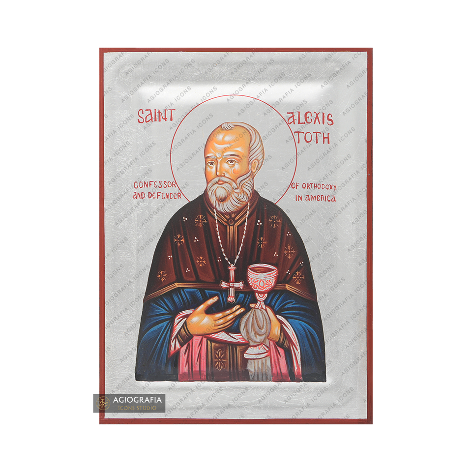 Icône orthodoxe exclusive St Alexis Toth sur bois avec fond de feuilles ...