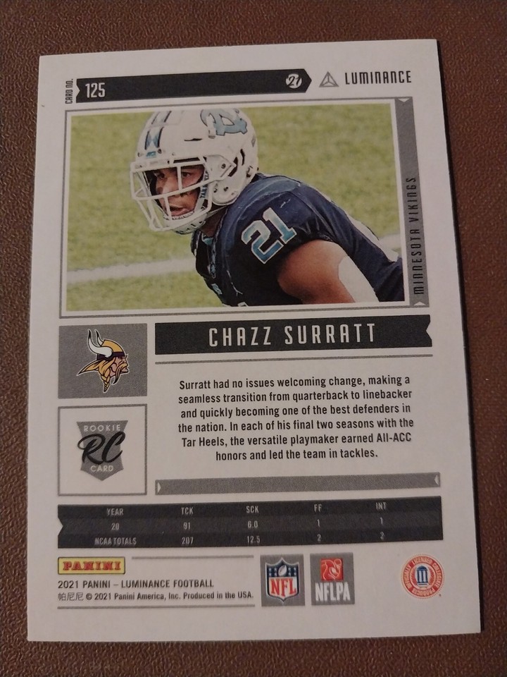 2021 CHAZZ SURRATT PANINI LUMINANCE NFL ROOKIE CARD RC #125 BLUE /99 ...