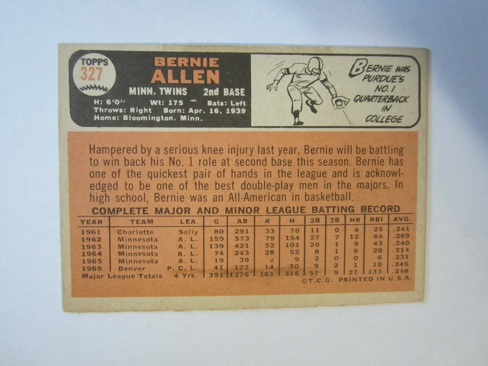 1966 Topps # 327 Bernie Allen Autograph Signed Card (M) Minnesota Twins ...