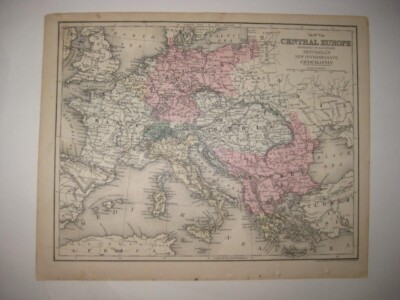 ANTIQUE 1874 CENTRAL EUROPE MAP SPAIN PORTUGAL GERMANY PRUSSIA AUSTRIA ...