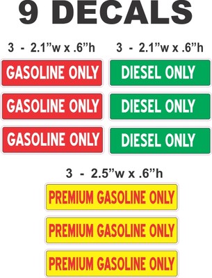 9 Gasoline / Diesel / Premium Gasoline Only Die Cut Vinyl Decals - Peel ...