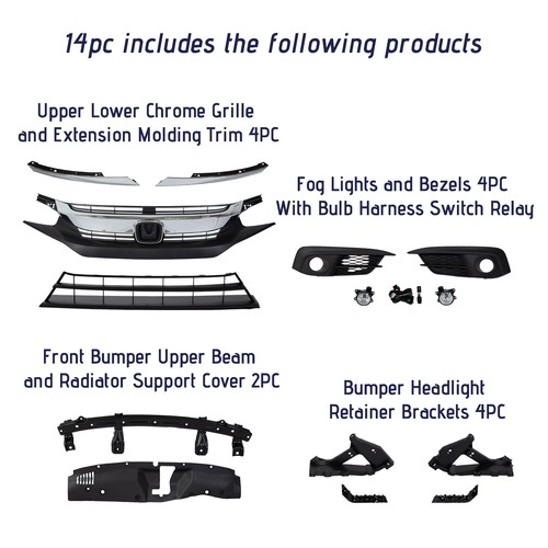 14PCS For CIVIC 2016-2018 Front Grille Trims Fog Lights Radiator Cover ...